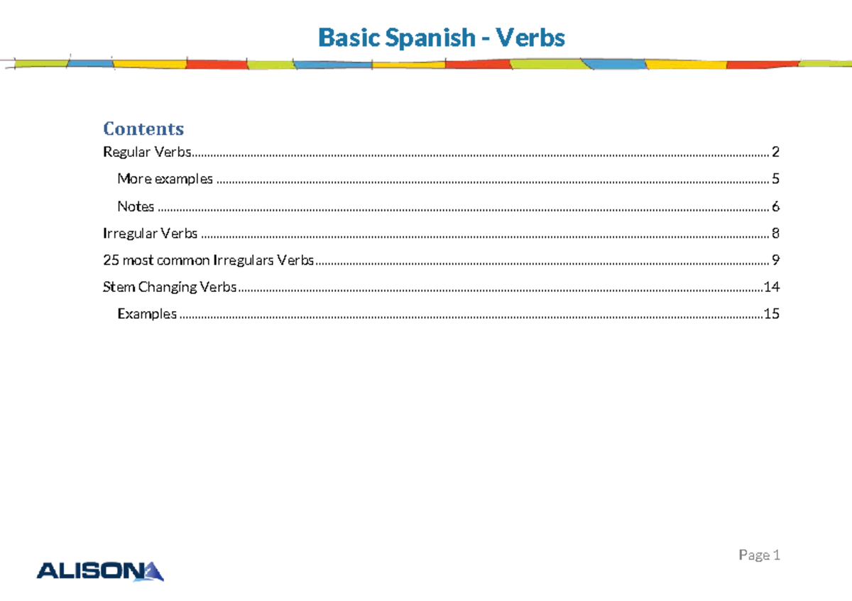 Spanish verbs - Contents Regular - Studocu