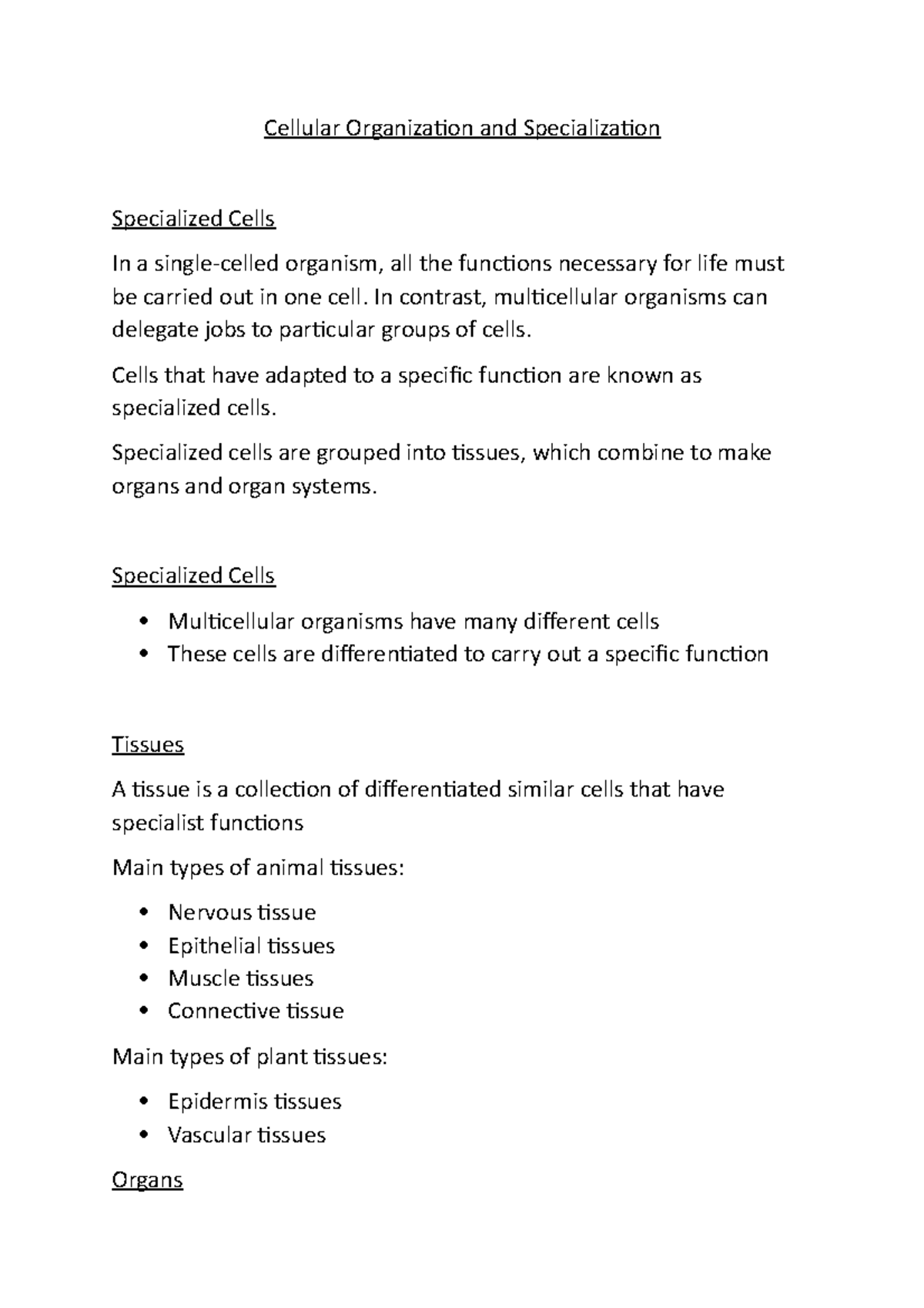 Cellular Organization and Specialization - Cellular Organization and ...