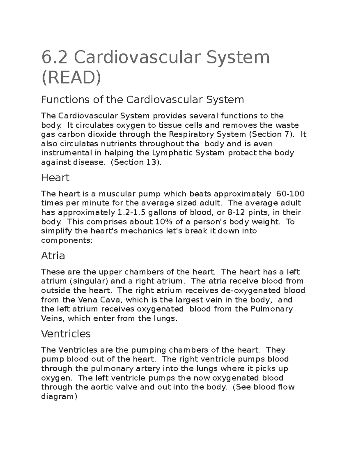 Quiz 6 info - exam notes - 6 Cardiovascular System (READ) Functions of ...