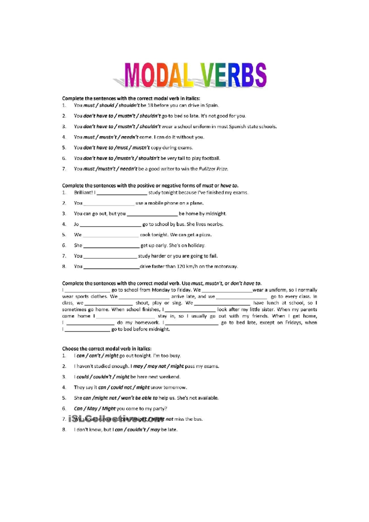 LS-1 English Modal Verb - MODAL VERBS Complete the sentences with the ...