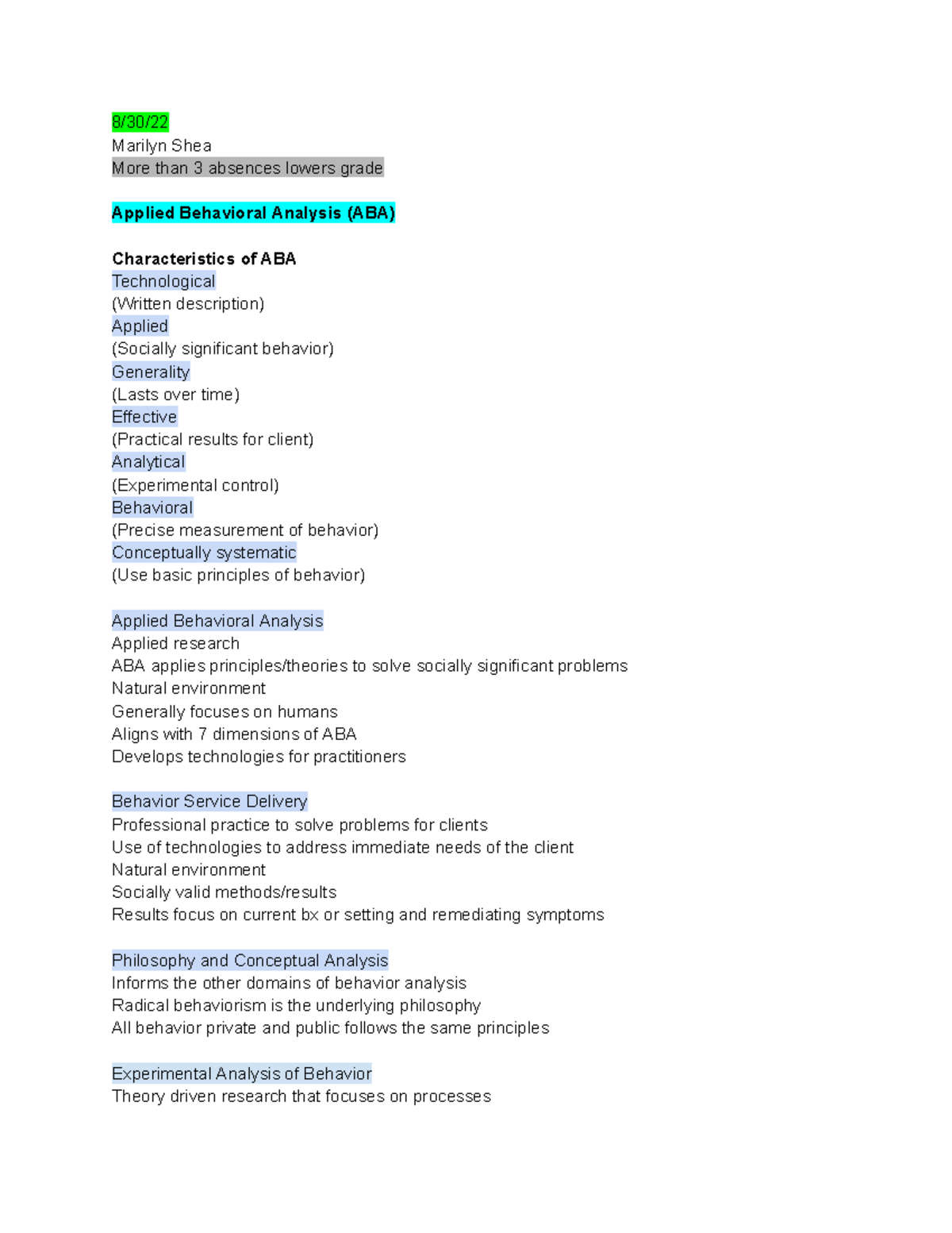 Behavioral Analysis Notes - 8/30/ Marilyn Shea More than 3 absences ...