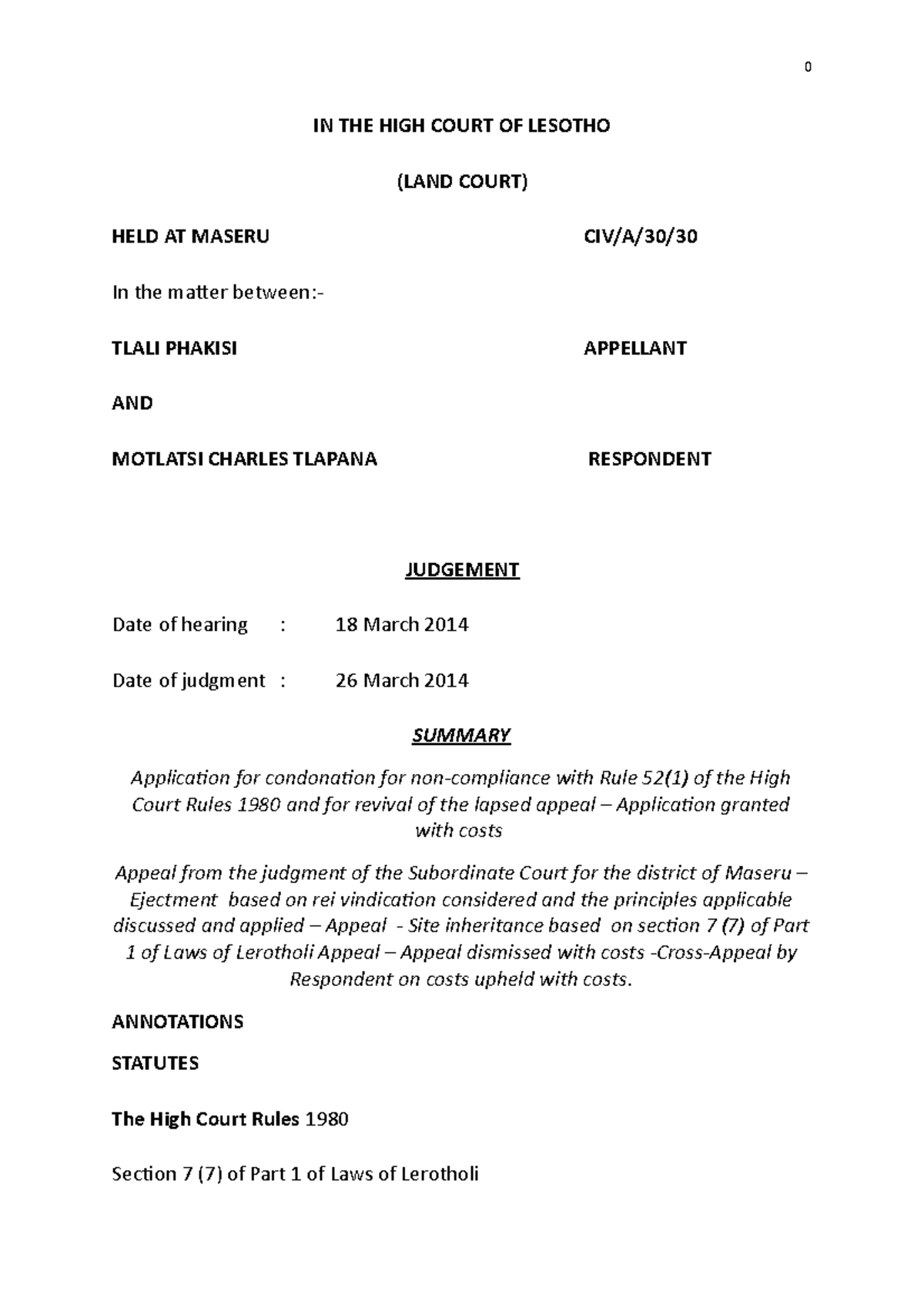 Tlali Phakisi-Judgement - IN THE HIGH COURT OF LESOTHO (LAND COURT ...