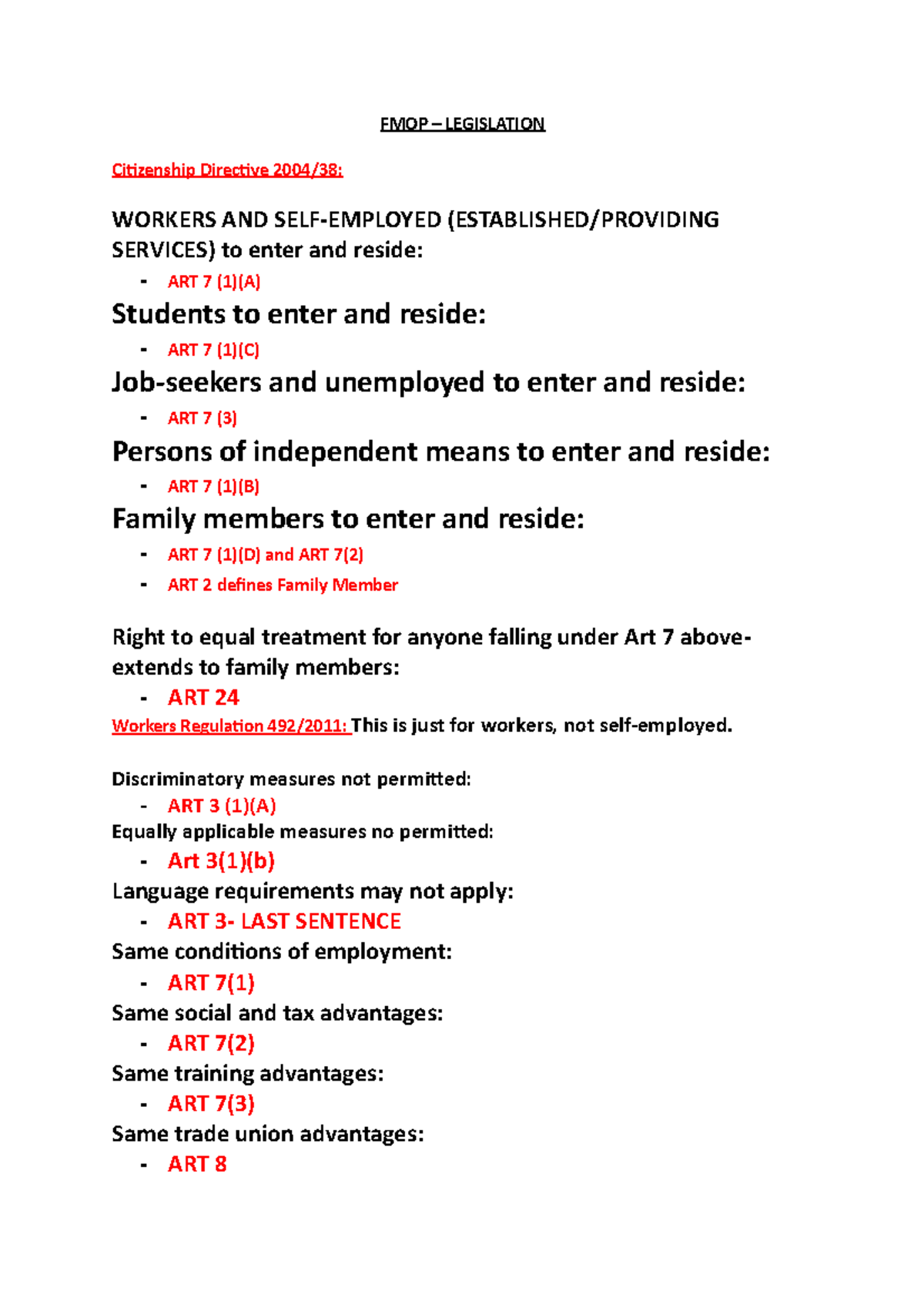 FMOP - Legislation - Summary of free movement of people - FMOP ...