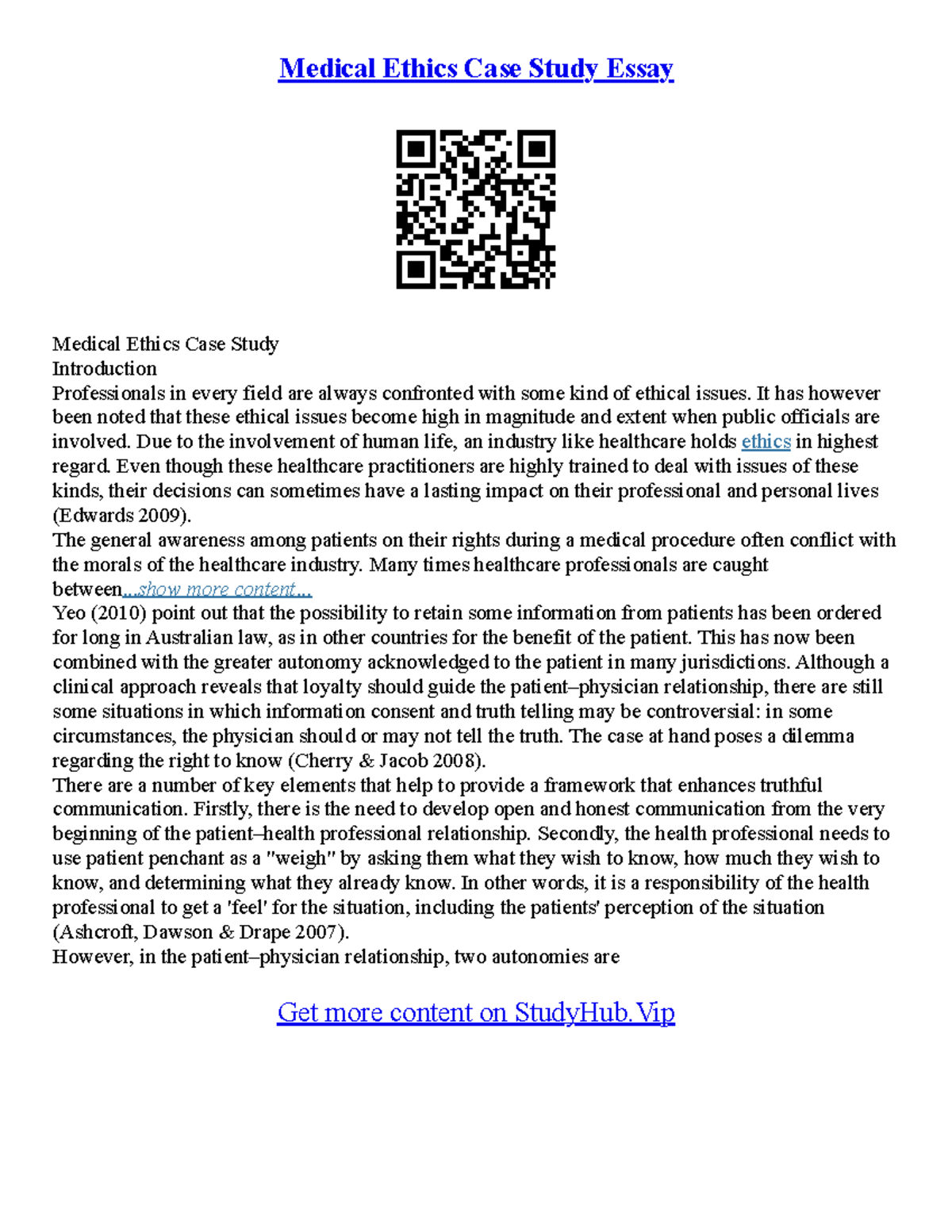 Medical Ethics Essay - Medical Ethics Case Study Essay Medical Ethics ...