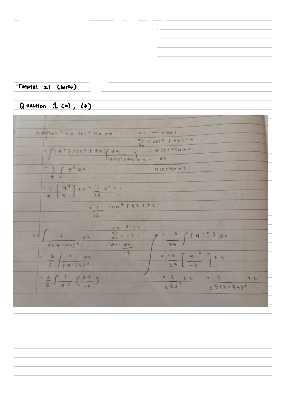 Calc tuto - Tutorial 21 (books) Question 1 (a), (b) ftan 4n sec 4x dn ...
