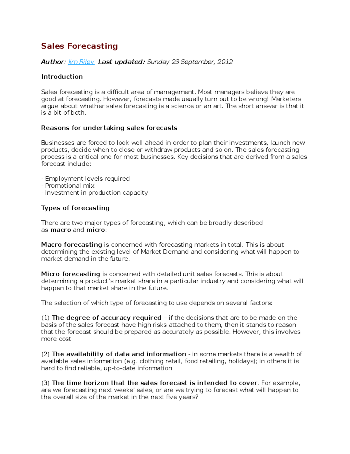 Sales Forecasting Lecture Notes 1 10 Sales Forecasting Author Jim