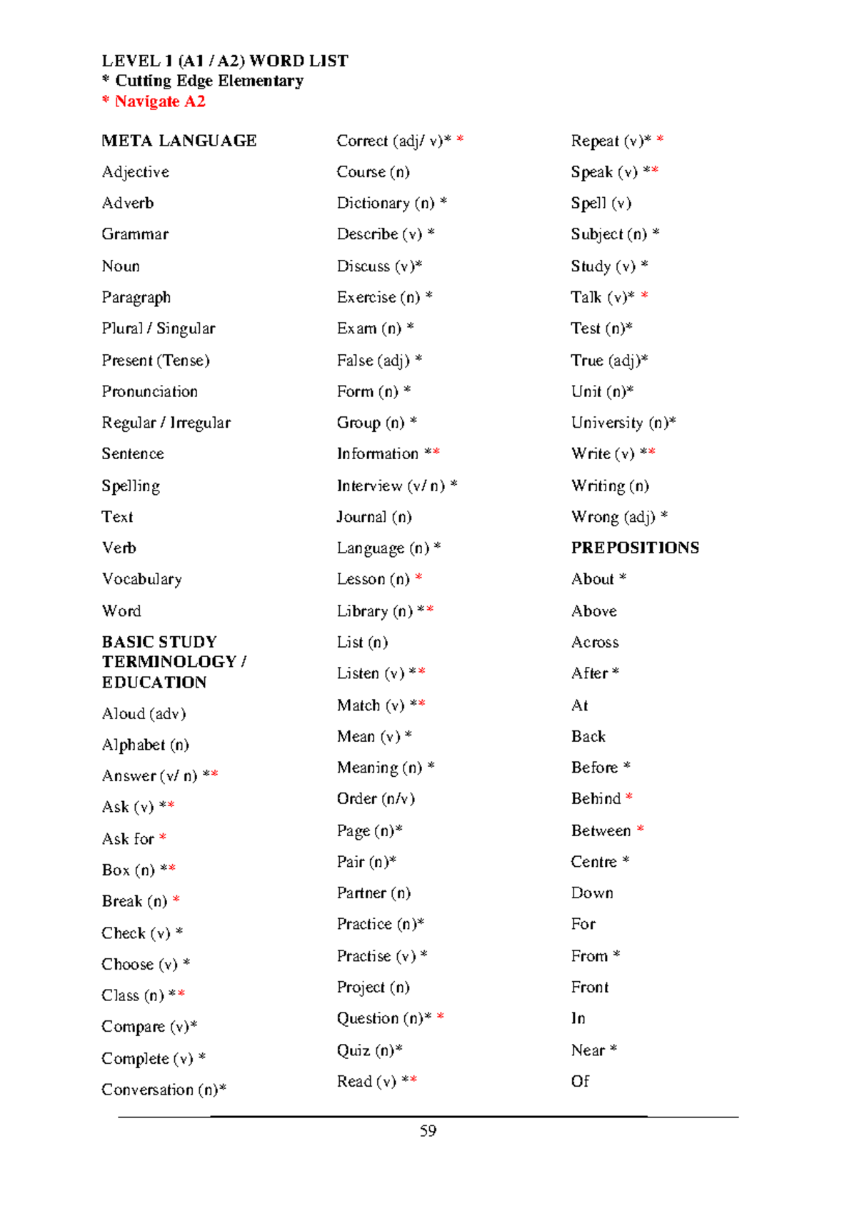 Level 1 (A1 - A2) WORD LIST - Cutting Edge Elementary Navigate A META ...