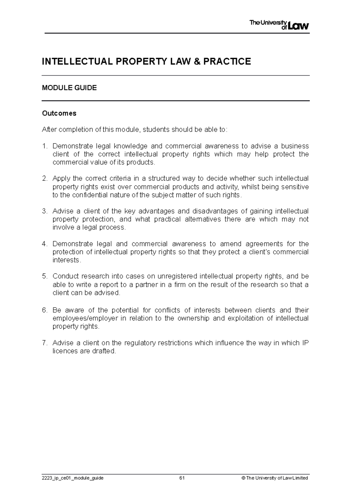 2223 ip ce01 module guide - INTELLECTUAL PROPERTY LAW & PRACTICE MODULE ...