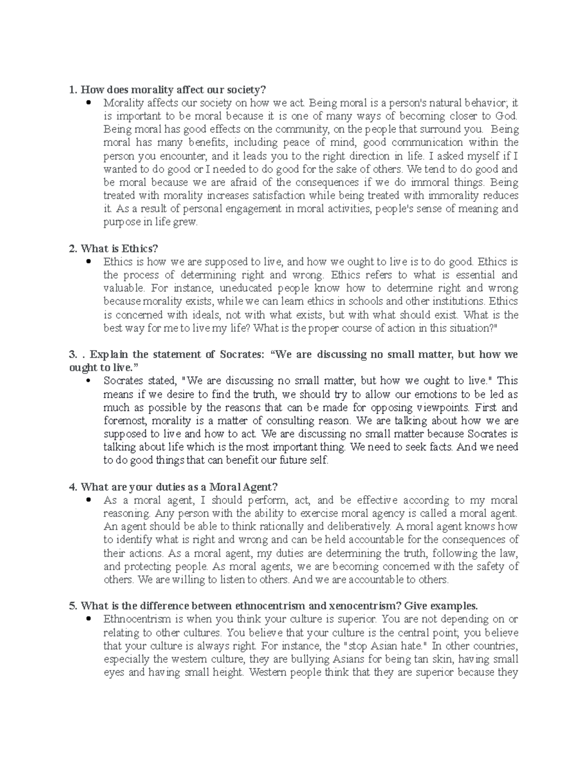 5 Ethics - 1. How does morality affect our society? Morality affects ...