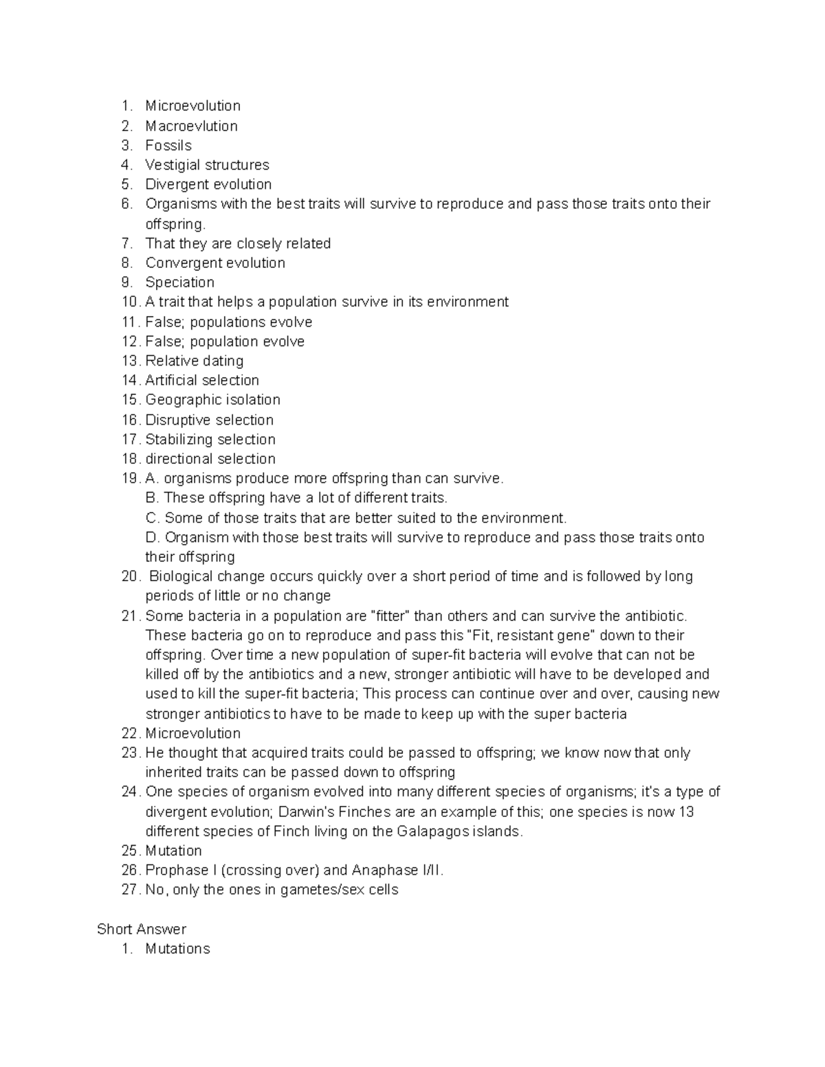 Study Guide Answer Key Evolution - Microevolution Macroevlution Fossils ...
