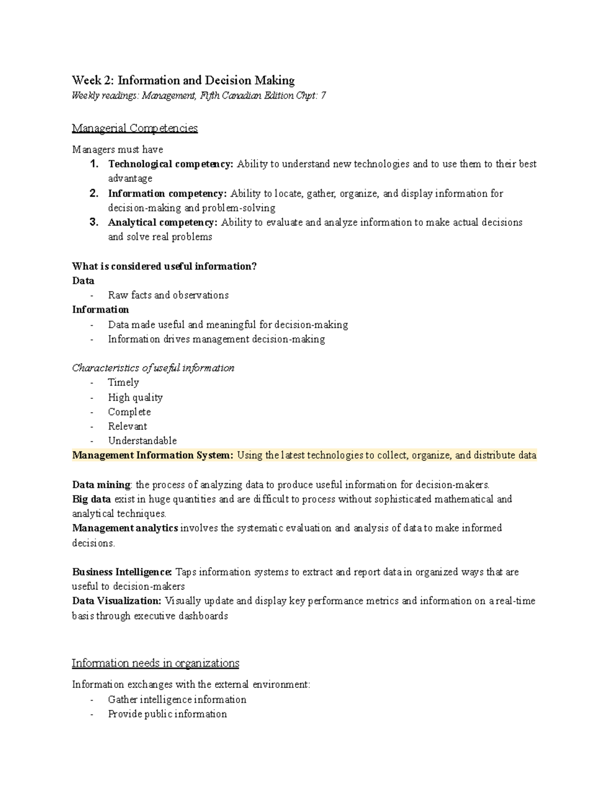 Week2 - notes - Week 2: Information and Decision Making Weekly readings ...