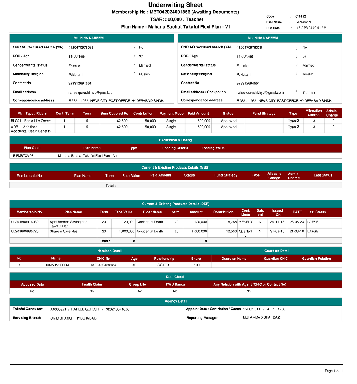Rwservlet (514) - adff - Underwriting Sheet Run Date : 16-APR-24 09:41 ...
