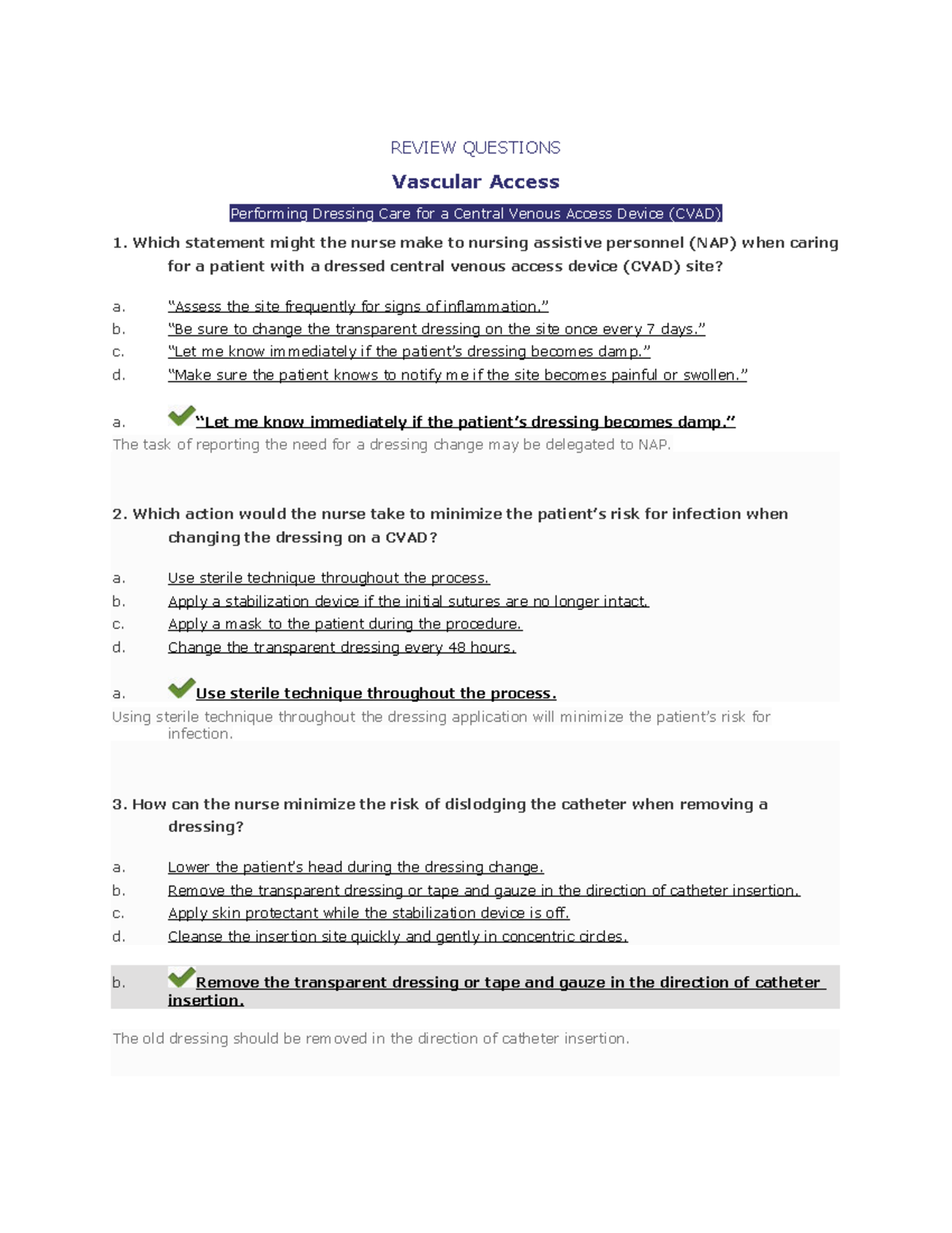 Mid term lab - REVIEW QUESTIONS Vascular Access Performing Dressing ...