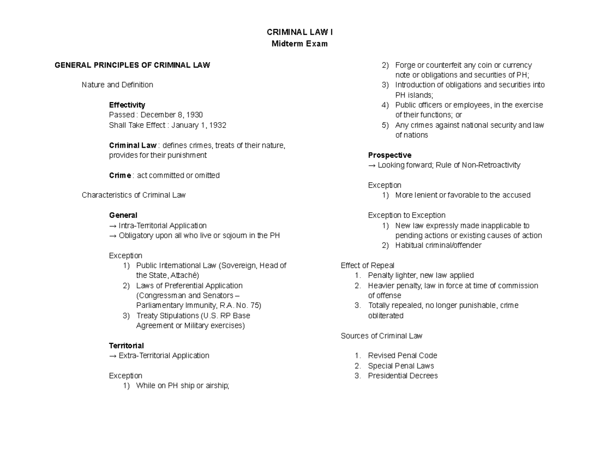 Crim Law Midterm - Midterm Exam GENERAL PRINCIPLES OF CRIMINAL LAW ...