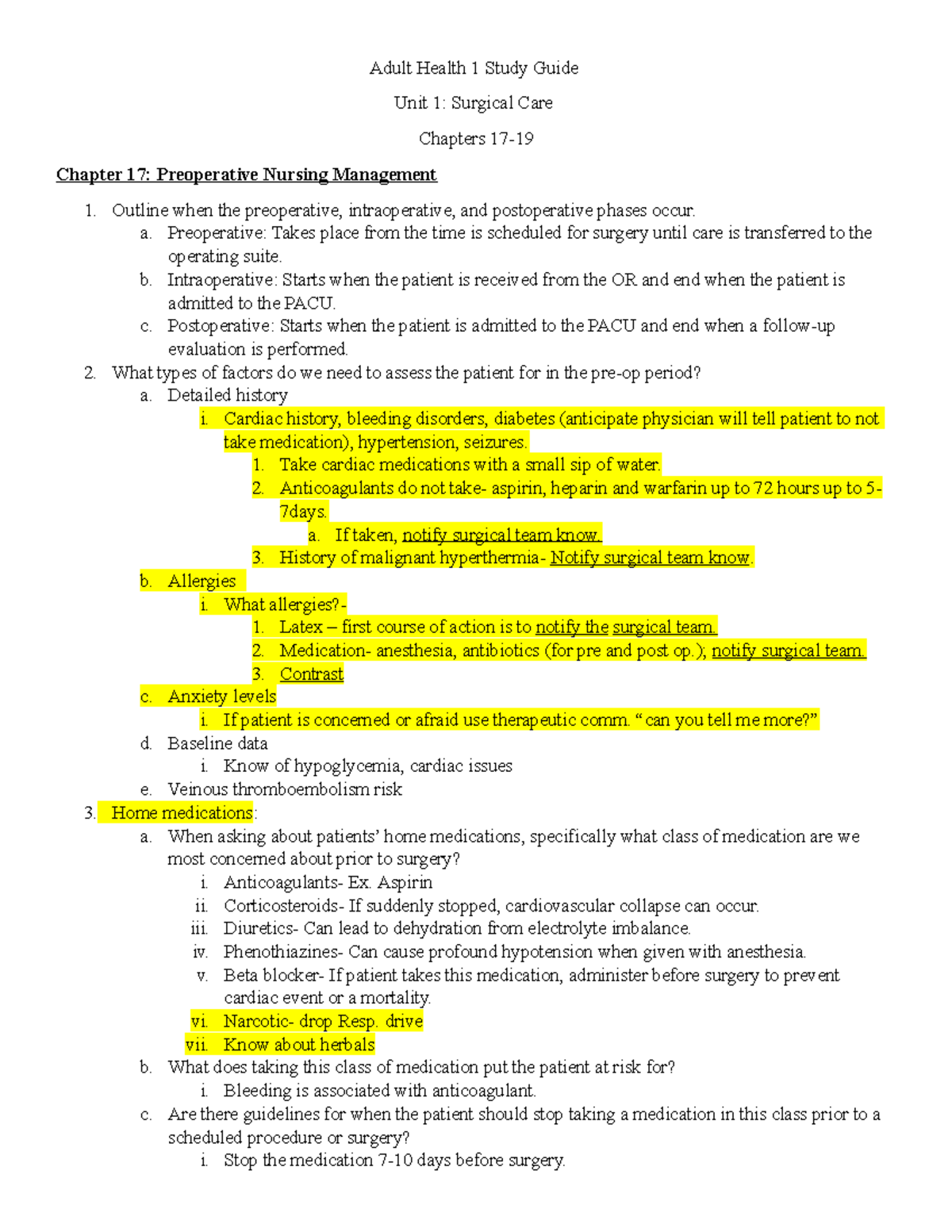 AH1 Unit 12 Surgical Study Guide - Adult Health 1 Study Guide Unit 1 ...