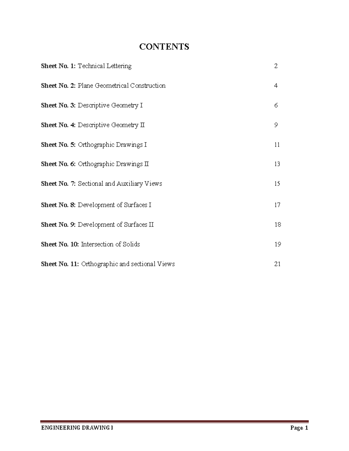 Engineering DRG I 2072 - CONTENTS ENGINEERING DRAWING I SHEET NO: 1 ...