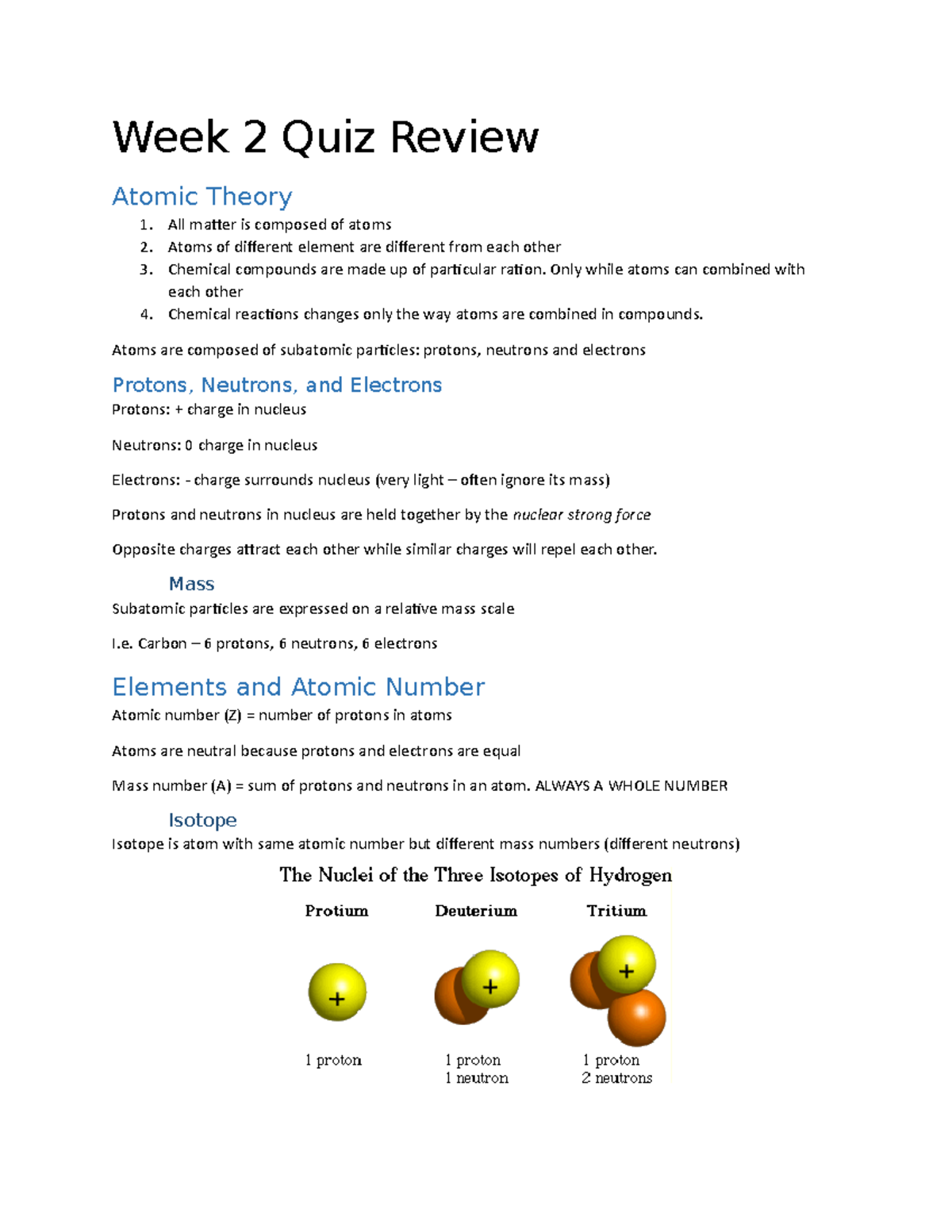 Week 2 Quiz Review - Lecture notes 2 - Week 2 Quiz Review Atomic Theory ...