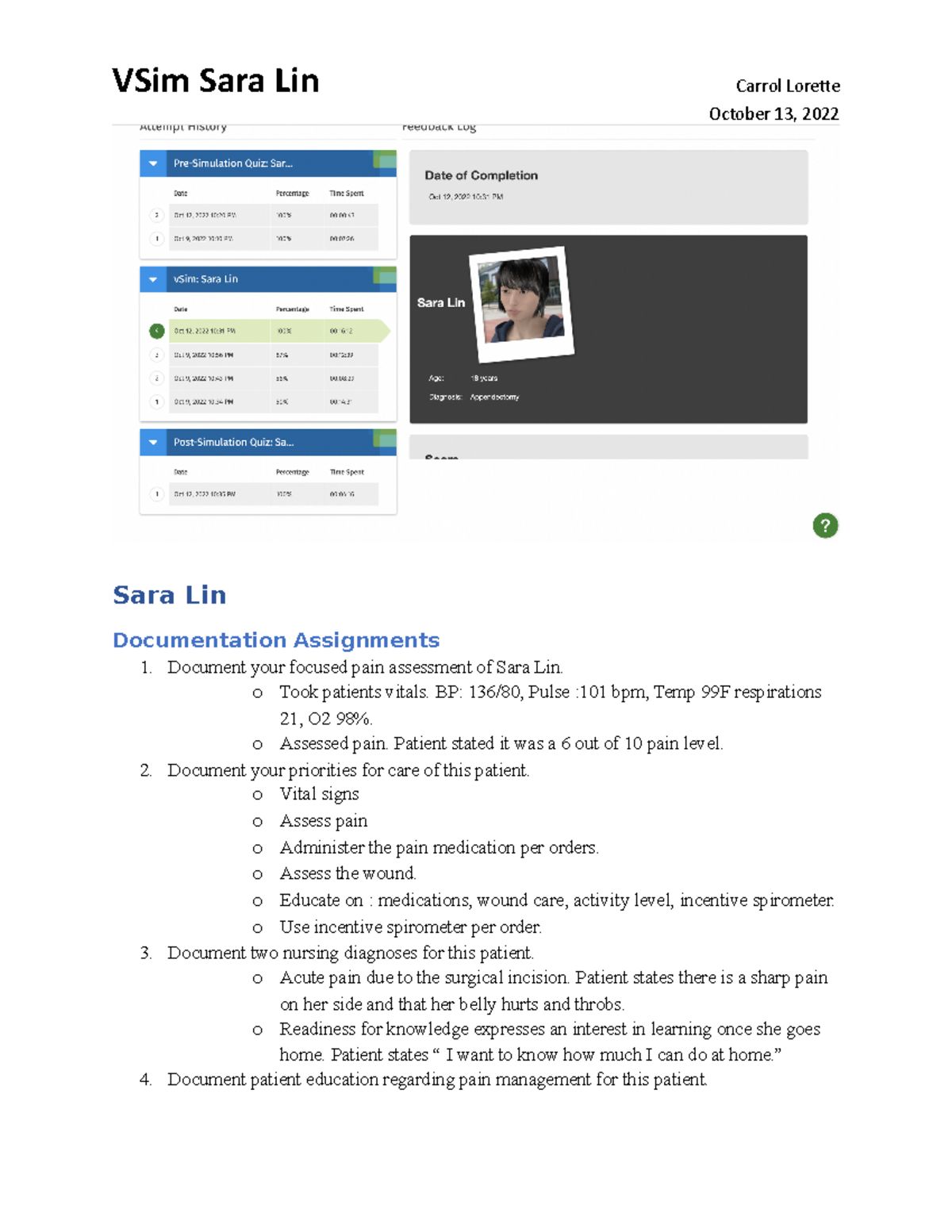 Sara Lin Final Vsim - vSim - October 13, 2022 Sara Lin Documentation Assignments Document your ...