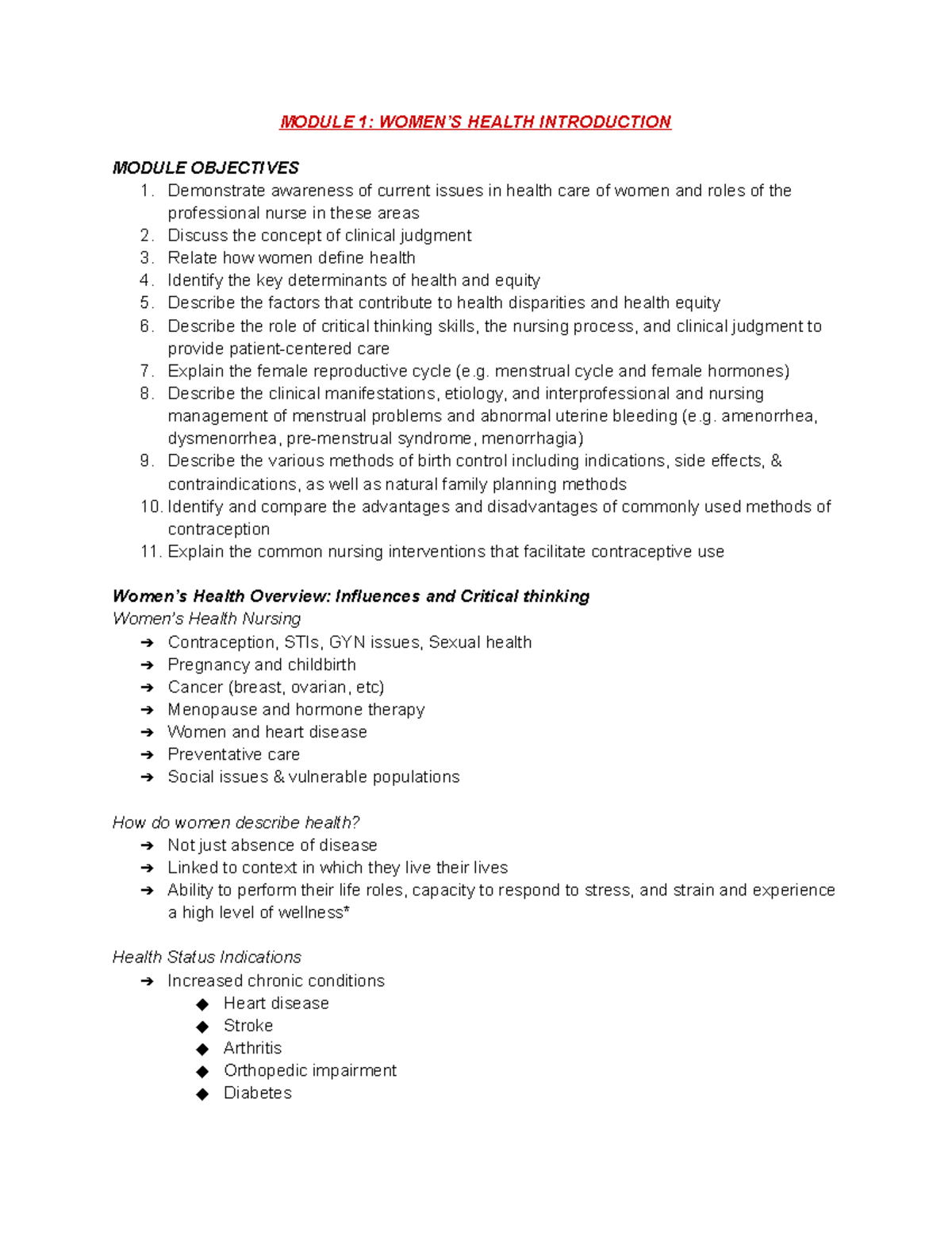 Copy of 335 Exam 1 Notes - MODULE 1: WOMEN’S HEALTH INTRODUCTION MODULE ...