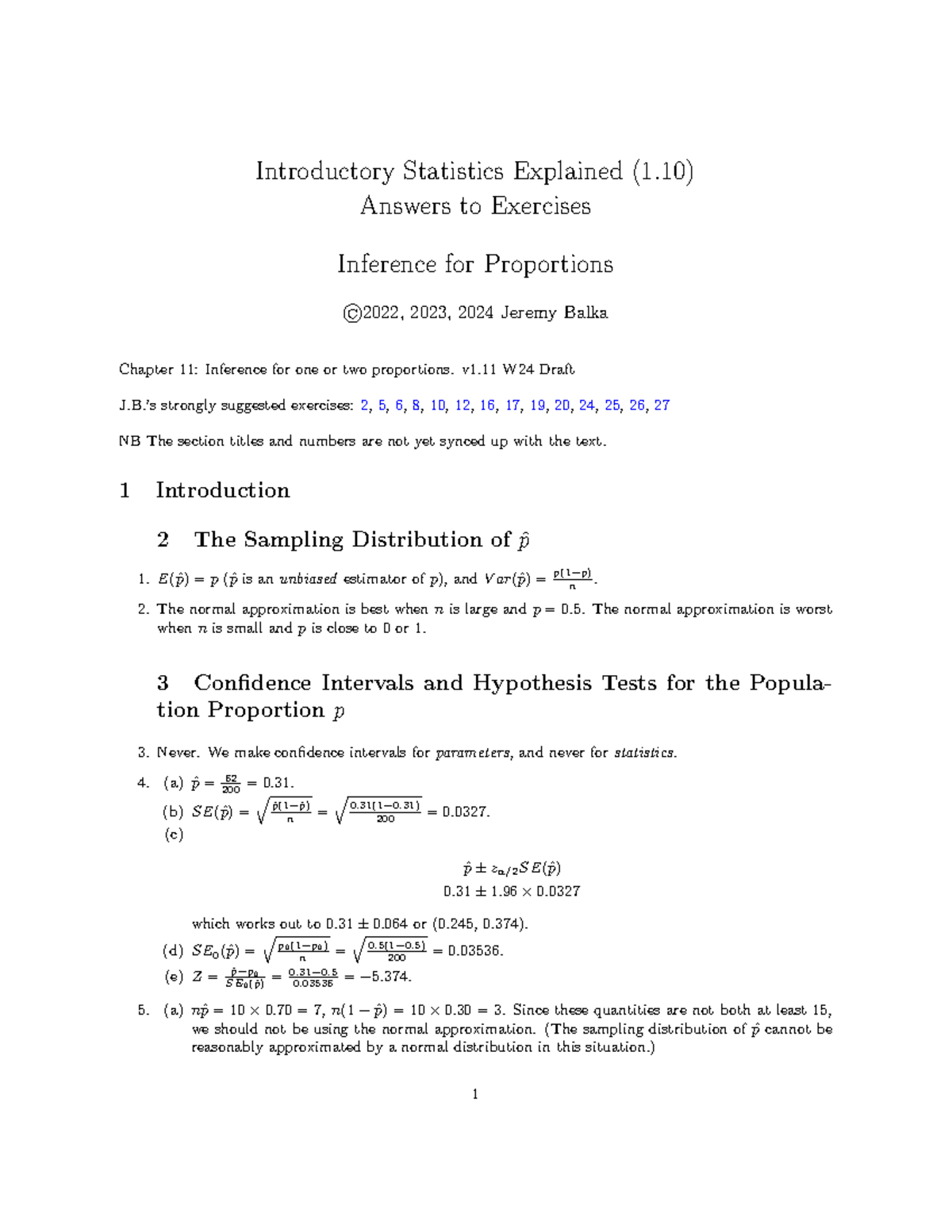 Jb ise exercises proportions answers - Introductory Statistics Explained (1) Answers to ...
