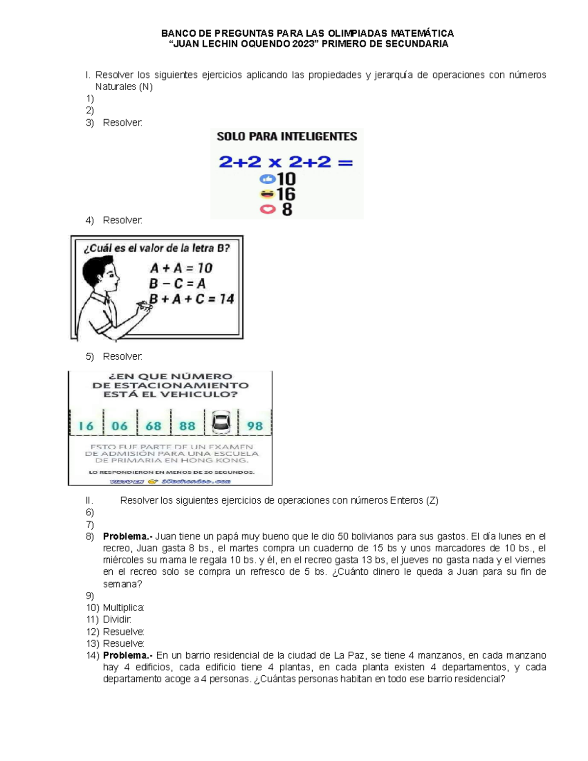 Ejercicios 1ro sec - examen de olimpiadas matemática - BANCO DE ...
