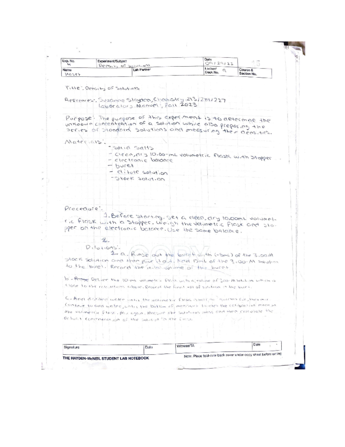 Density of Solutions - Lab report - Data Table Table 1: Raw and ...