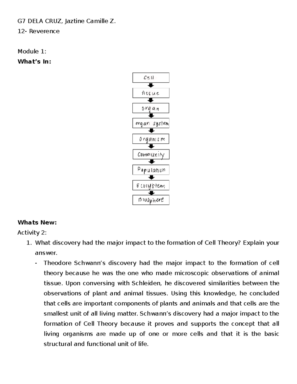 Biology - G7 DELA CRUZ, Jaztine Camille Z. 12- Reverence Module 1: What ...