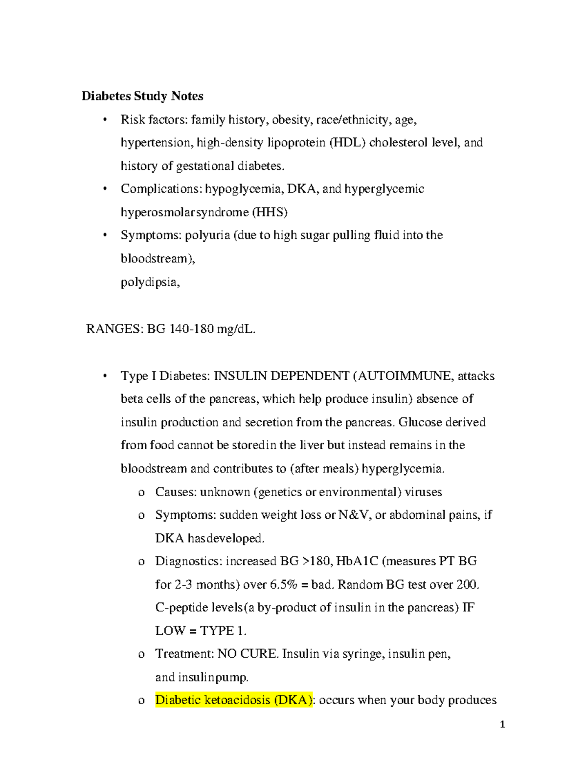 Diabetes Study Notes - Complications: hypoglycemia, DKA, and ...