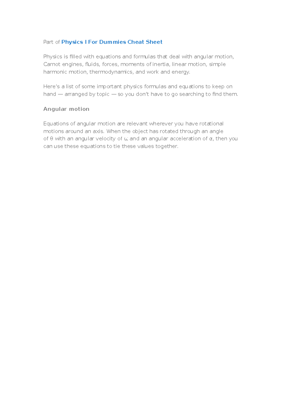 Physics Equations and Formulas - Part of Physics I For Dummies Cheat ...