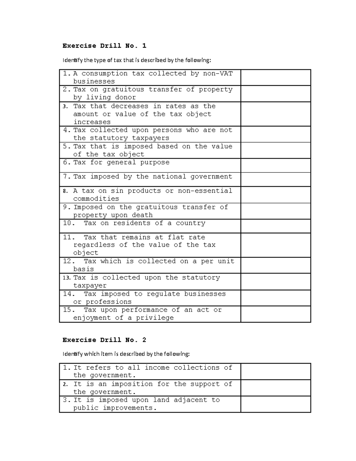 Income Taxation Chap 2 - Exercise Drill No. 1 Identify the type of tax ...
