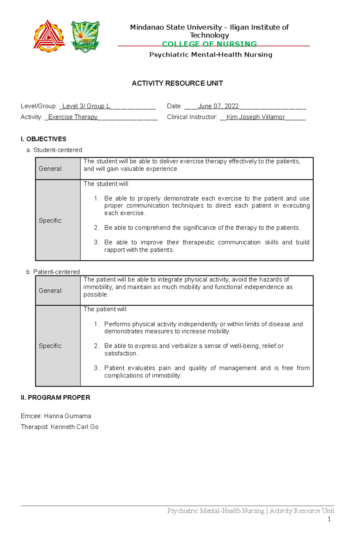 Group L Exercise Therapy Activity Resource-Unit - ACTIVITY RESOURCE ...