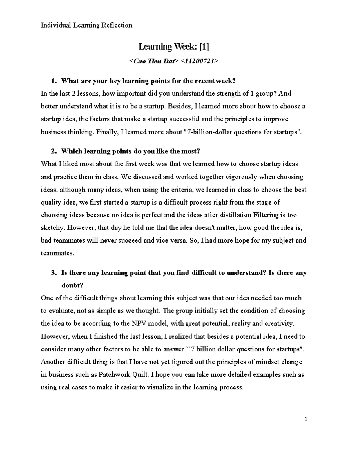 NVC Reflection Cao Tien Dat 112007 23 - Learning Week: [1] 1. - Studocu