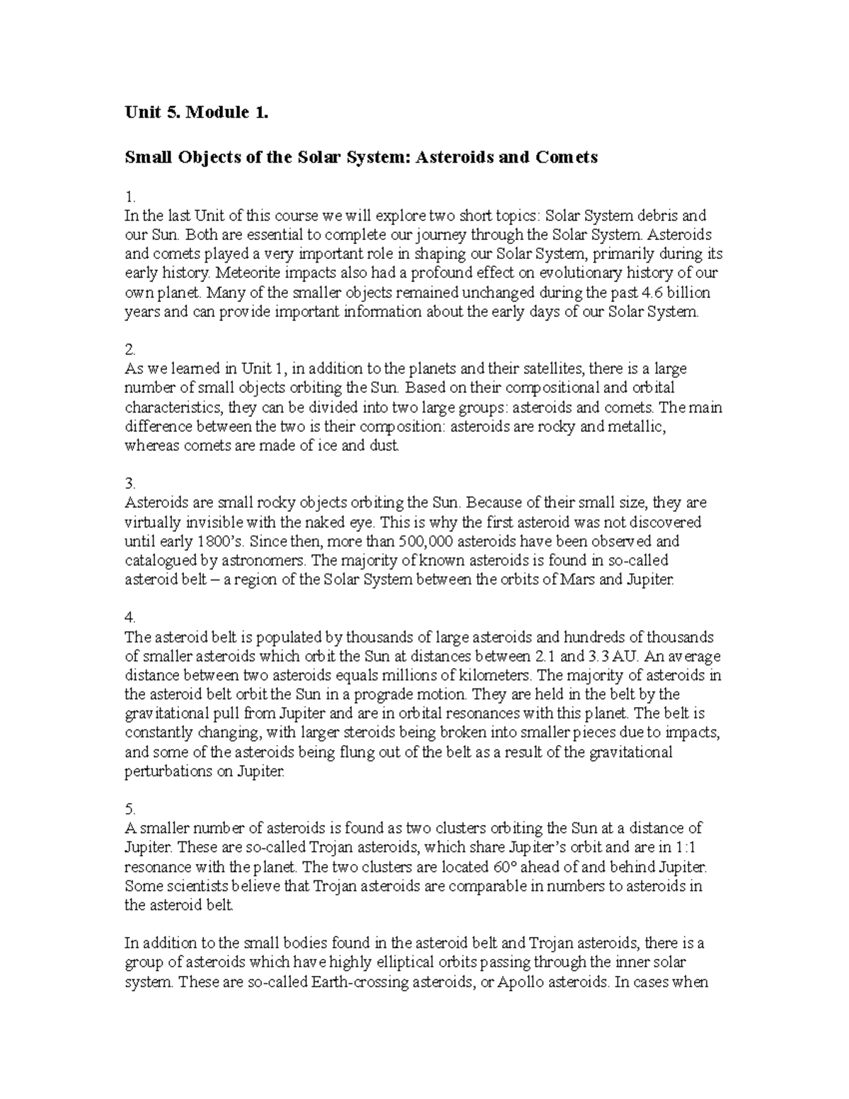 Unit5Module 1 - ms dfgd - Unit 5. Module 1. Small Objects of the Solar ...