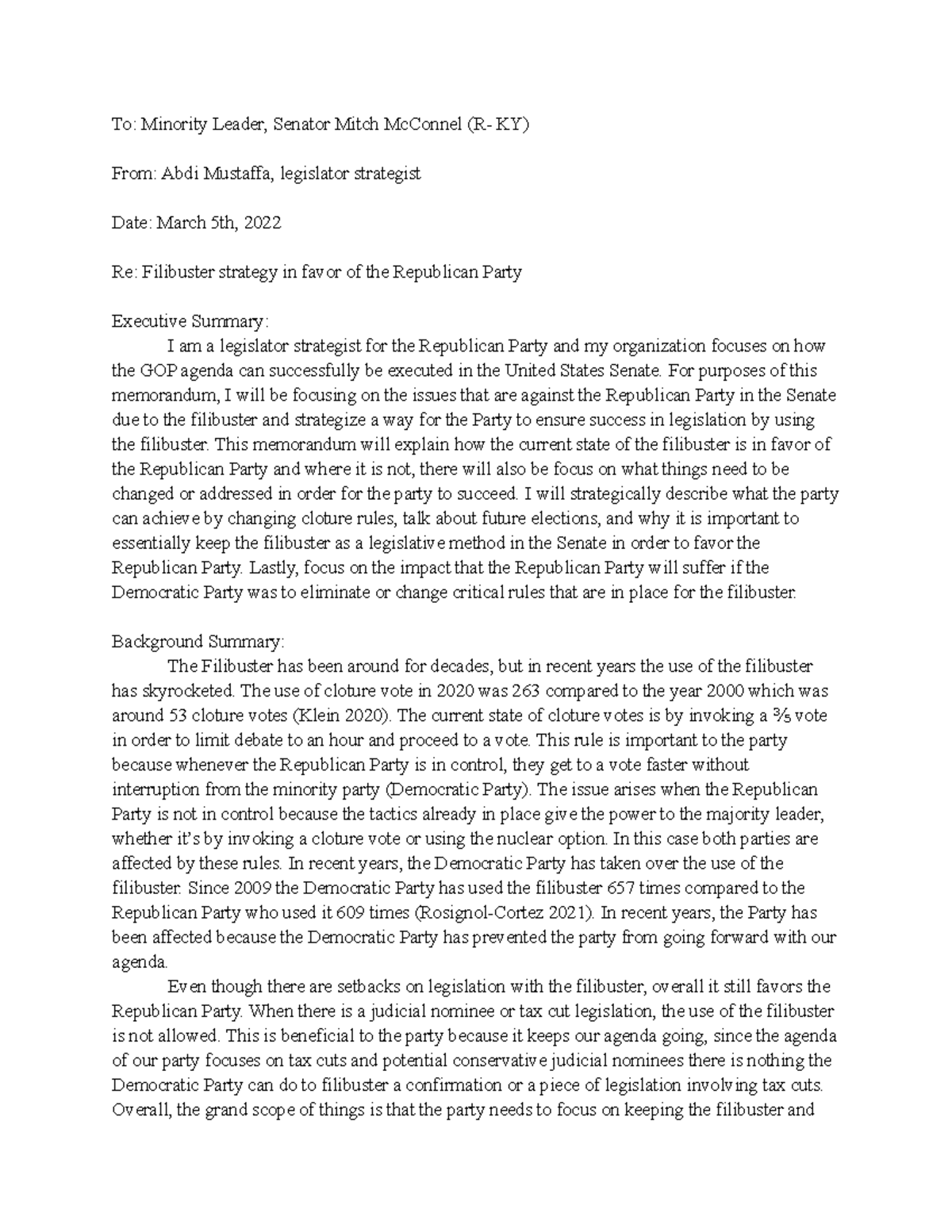 Filibuster Strategy Memo - PLS 311 - To: Minority Leader, Senator Mitch ...