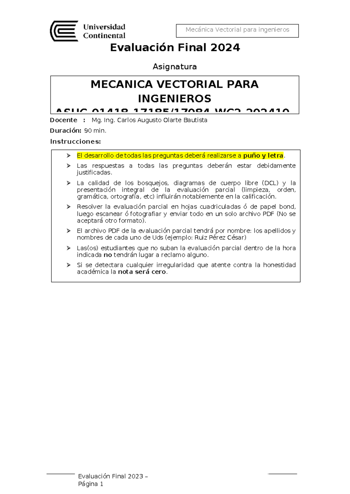 Ev.Final-Mec.Vec - mecanica vectorial - Mecánica Vectorial para ingenieros Evaluación Final 2024 ...