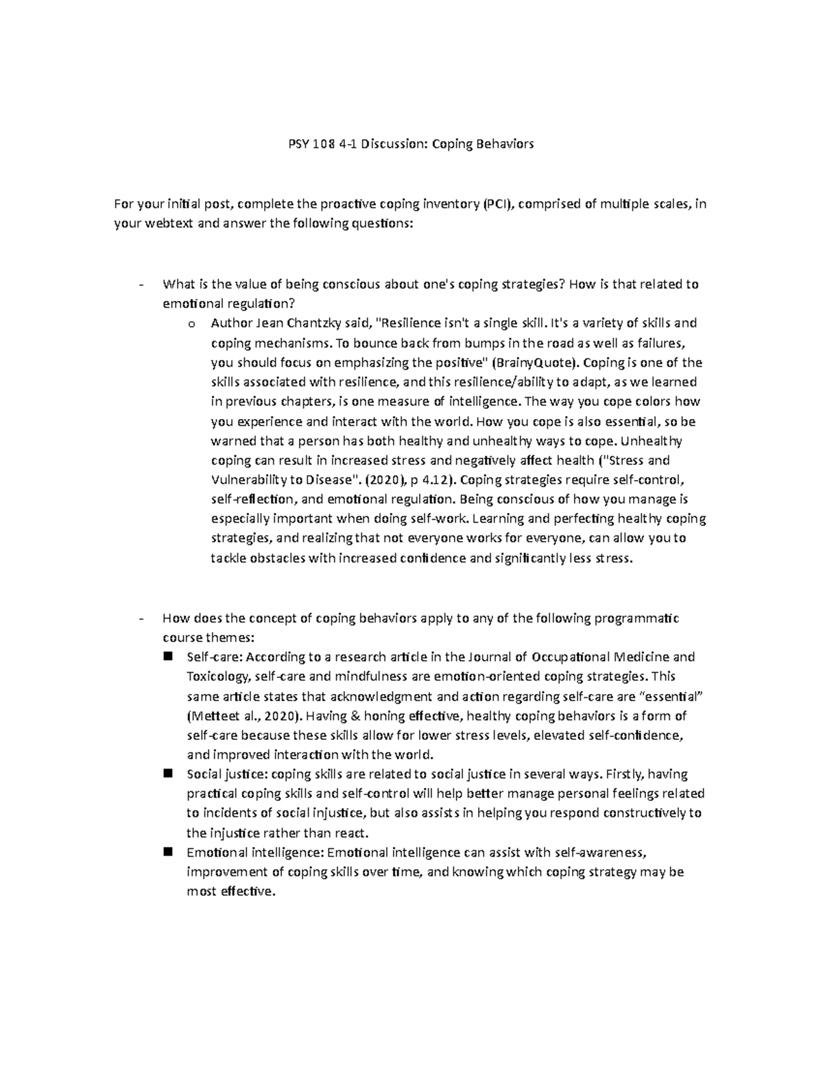 PSY 108 4th Discussion - PSY 108 4-1 Discussion: Coping Behaviors For ...