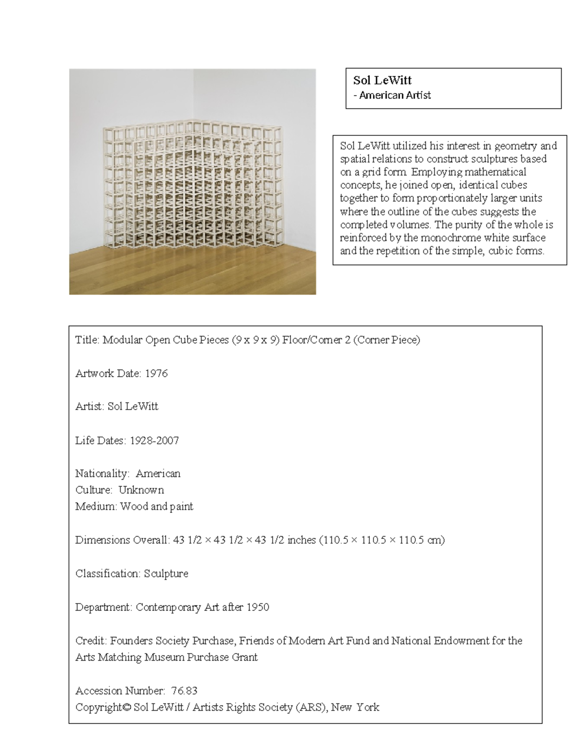 Art assignment 1009 - Sol LeWitt - American Artist Sol LeWitt utilized his interest in geometry ...