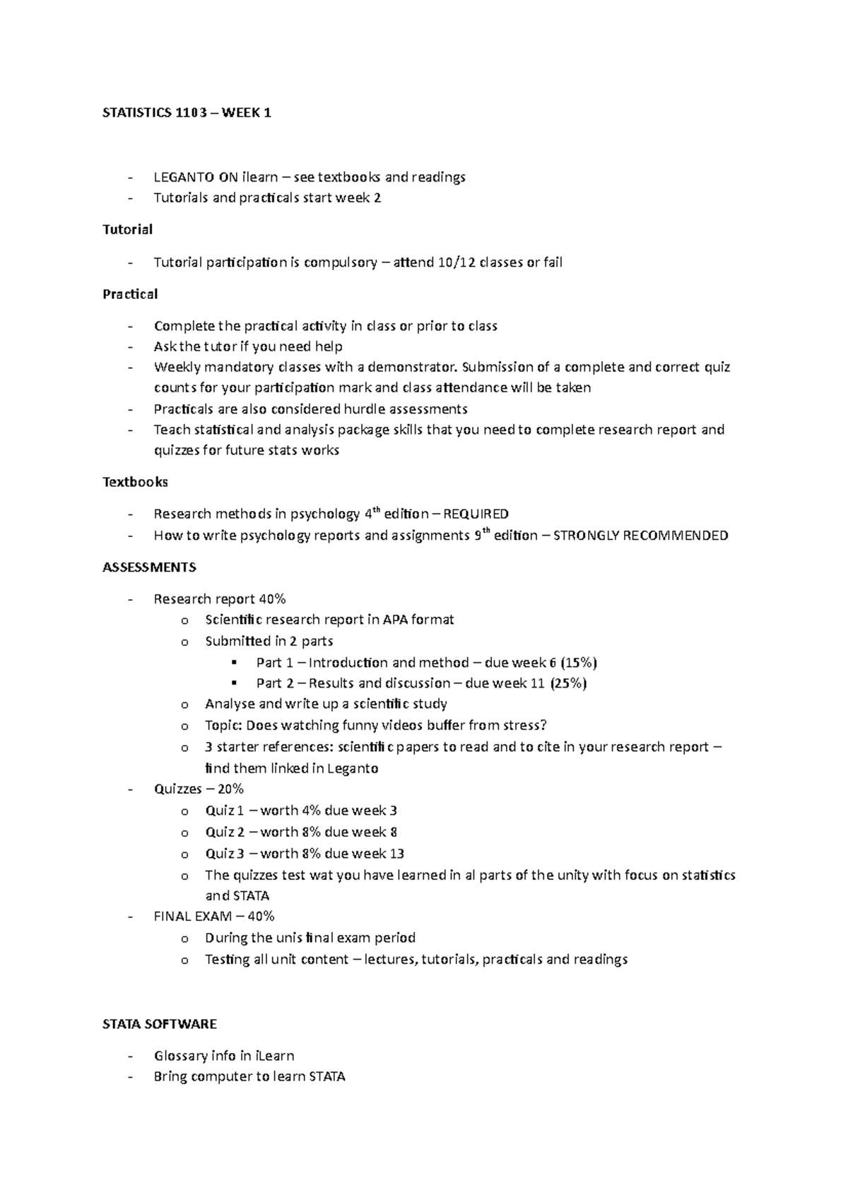 Statistics 1103 - WEEK 1 Summary Semester 1 2022 - STATISTICS 1103 – WEEK 1 - LEGANTO ON ilearn ...