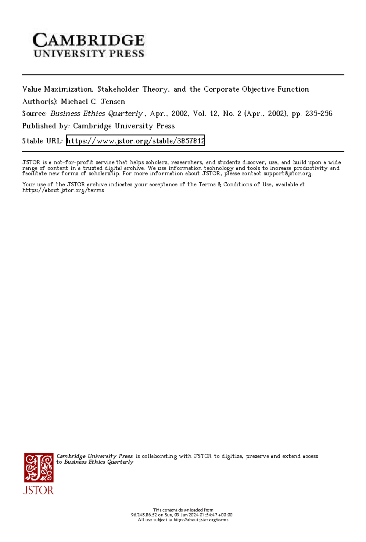 Jensen-Value Maximization Stakeholder-2002 - Value Maximization ...