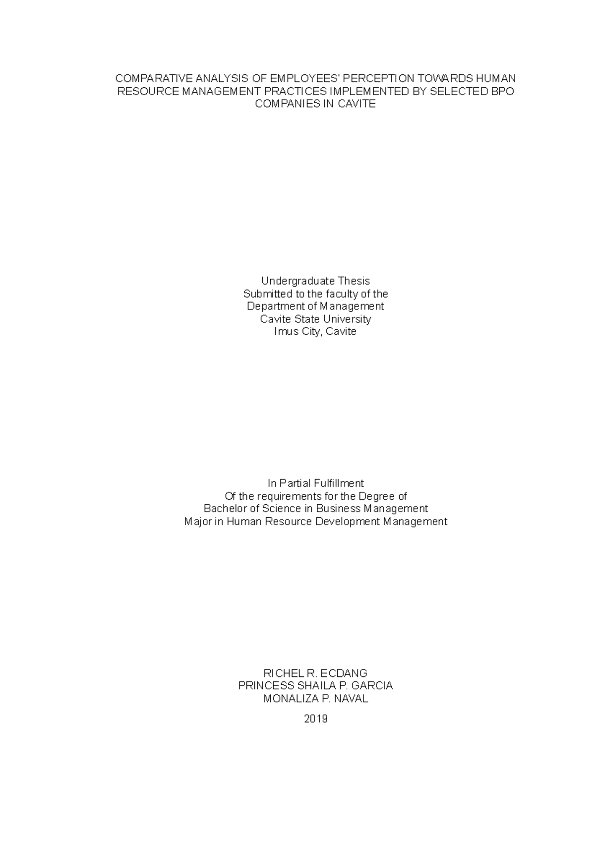 Thesis 2 final HRDM Copy - COMPARATIVE ANALYSIS OF EMPLOYEES’ PERCEPTION TOWARDS HUMAN RESOURCE ...
