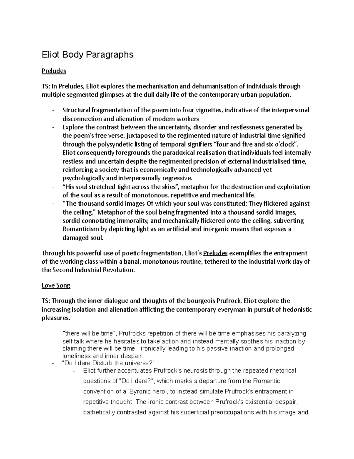 Eliot Body Paragraphs - Eliot Body Paragraphs Preludes TS: In Preludes ...