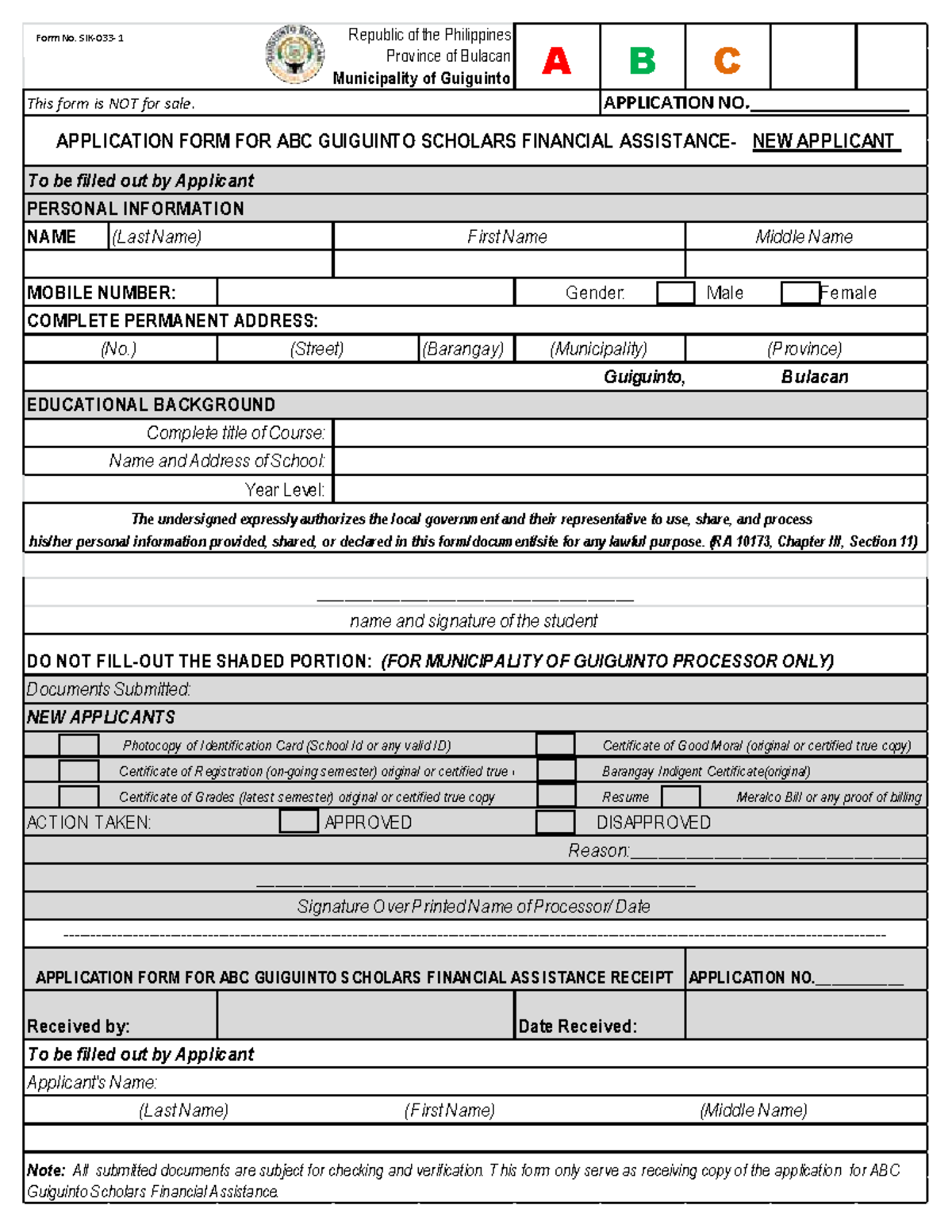 SIK-033-1 NEW Applicants Application FORM-ABC Guiguinto Scholars ...