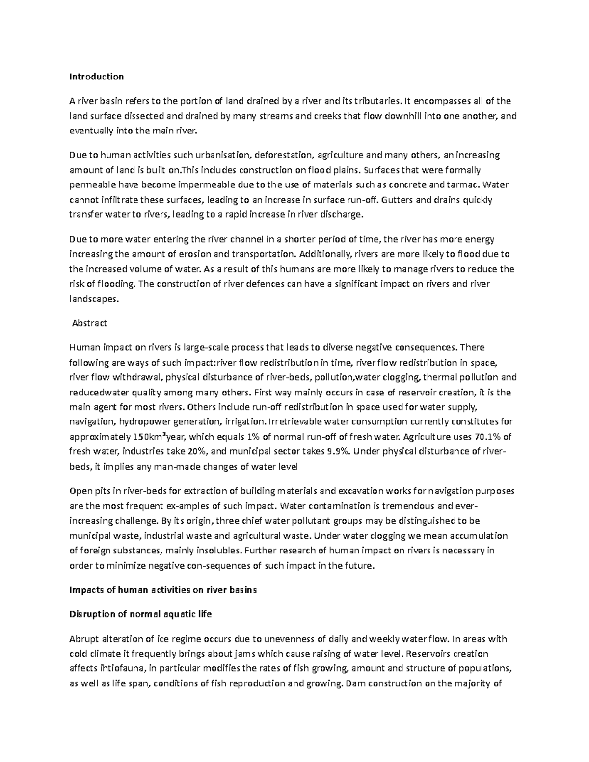 Hydrology CAT - Assignment - Introduction A river basin refers to the ...