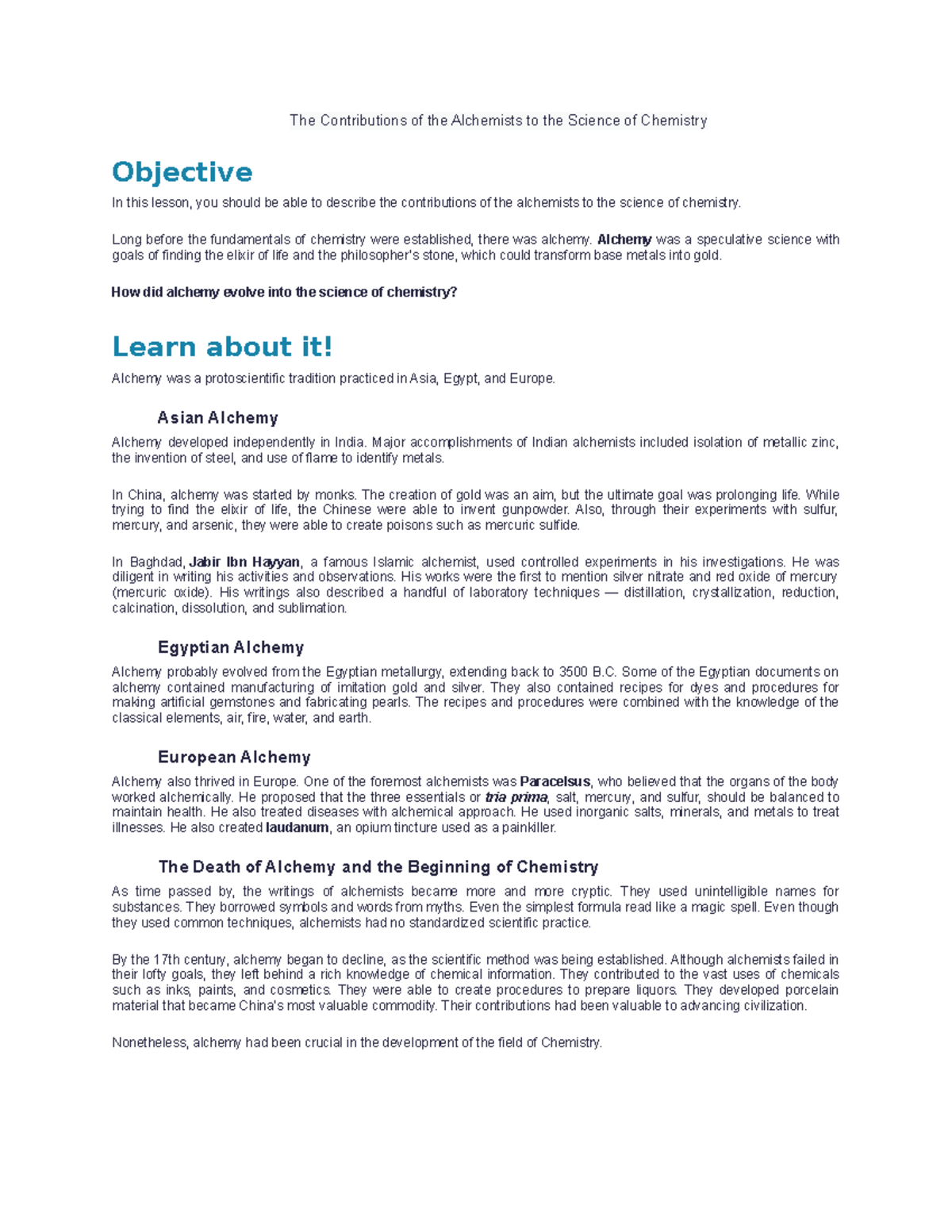 The Contributions of the Alchemists to the Science of Chemistry - Long ...