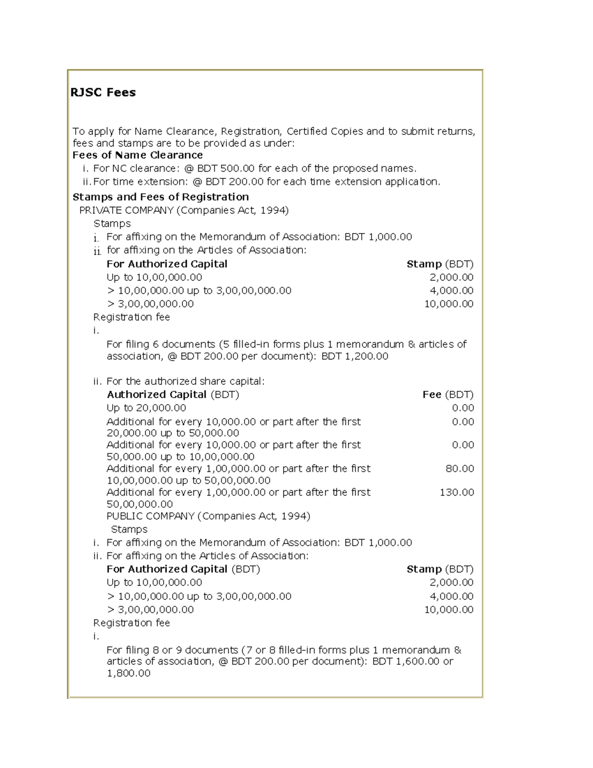 RJSC Fees - RJSC Fees To apply for Name Clearance, Registration ...