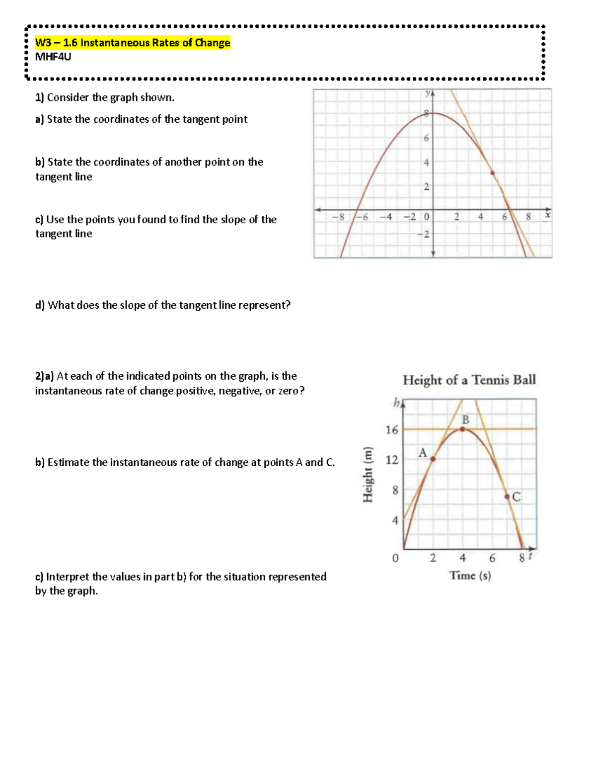 Instantaneous Rate of Change Practice Questions - W3 – 1 Instantaneous ...