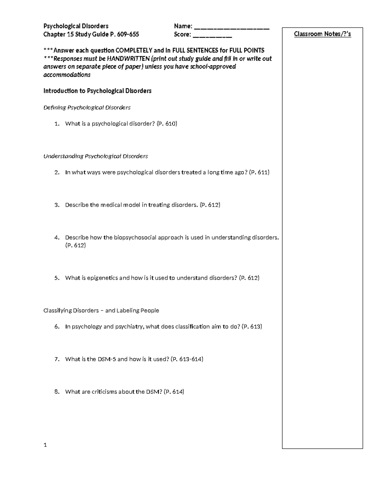 Chapter 15 Psychologicl Disorders Study Guide - Psychological Disorders ...