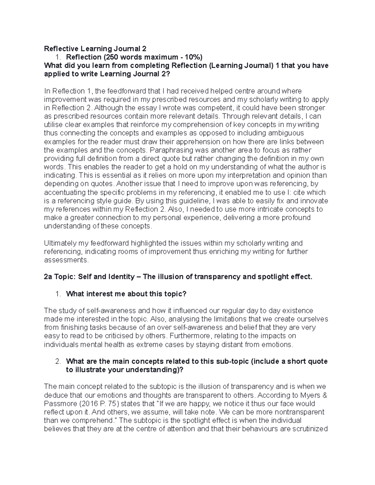 Reflection 2 - Reflective Learning Journal 2 1. Reflection (250 words ...