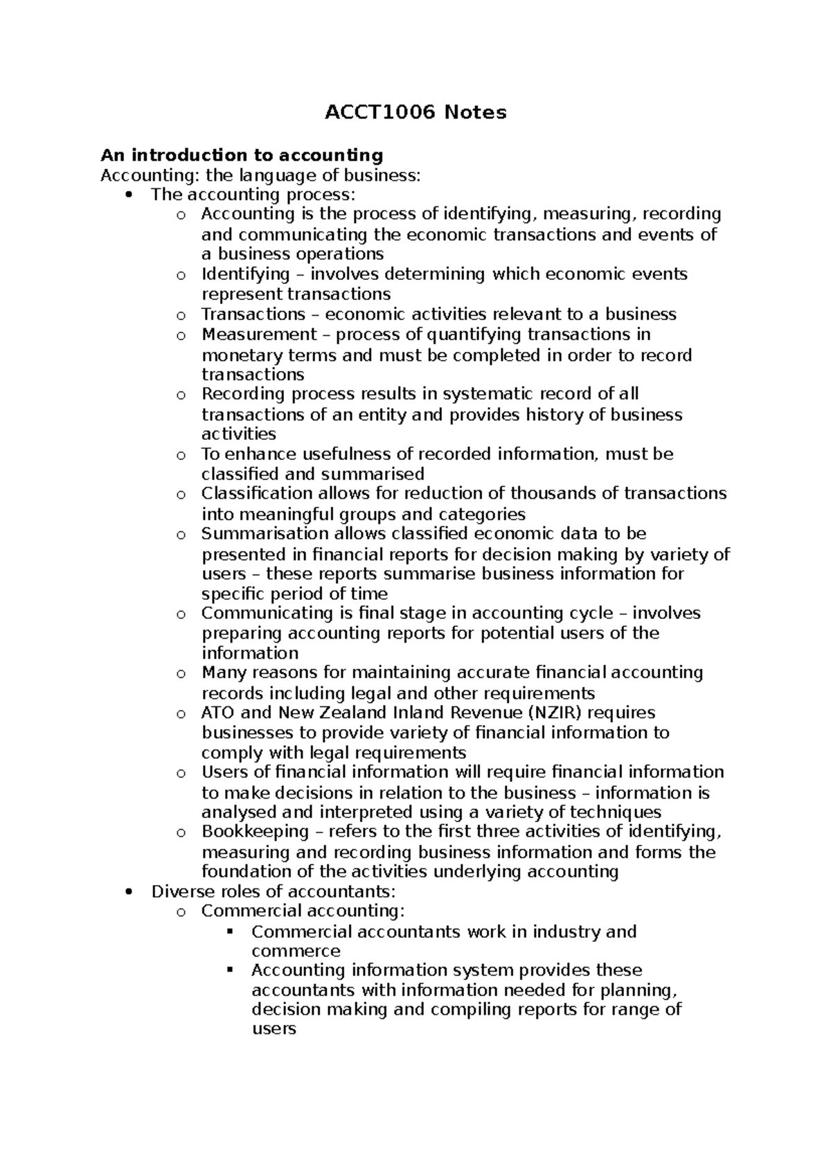 ACCT1006 Notes - counting cash to verify cash balance) Indirect ...