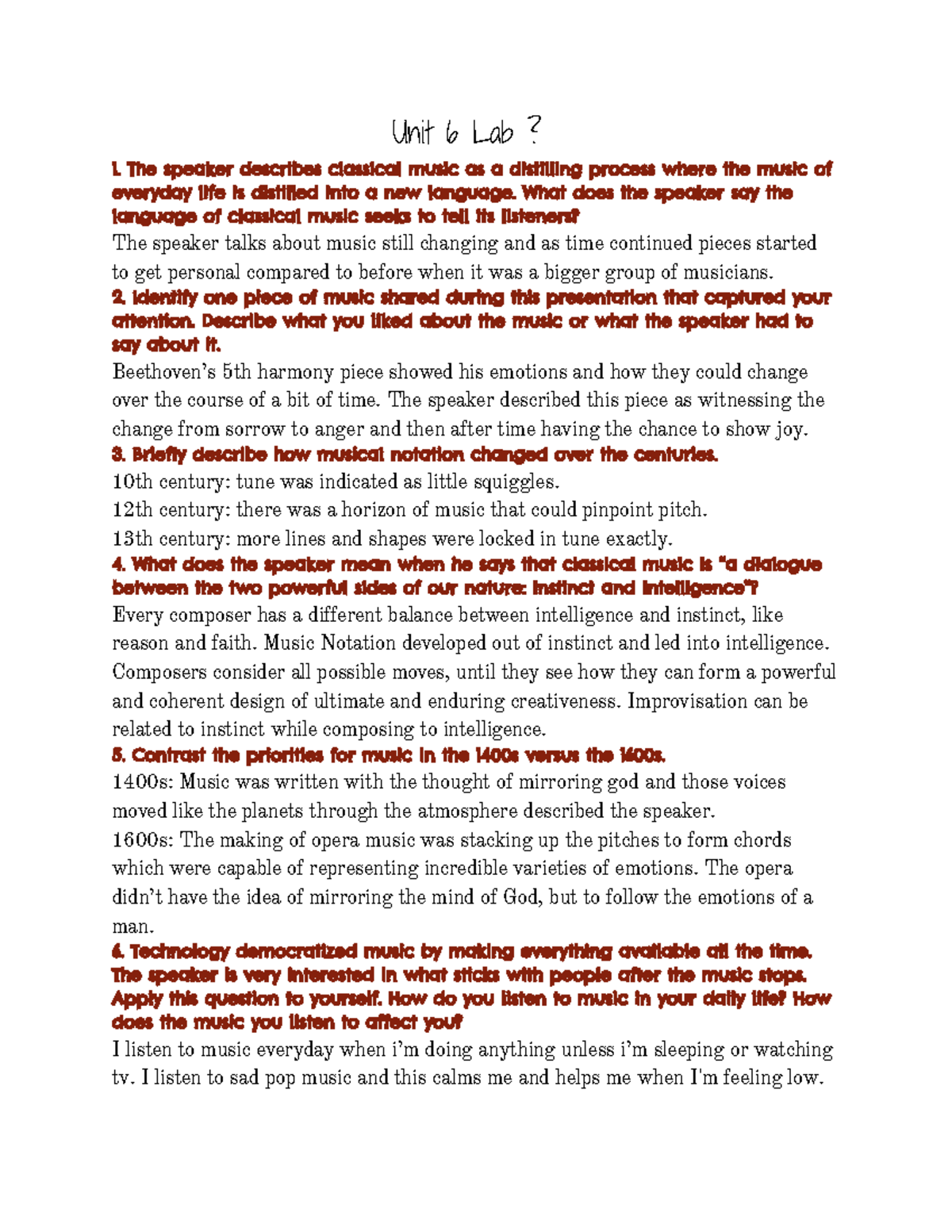 Unit 6 Lab - Assignment - Unit 6 Lab? The speaker describes classical music as a distilling ...